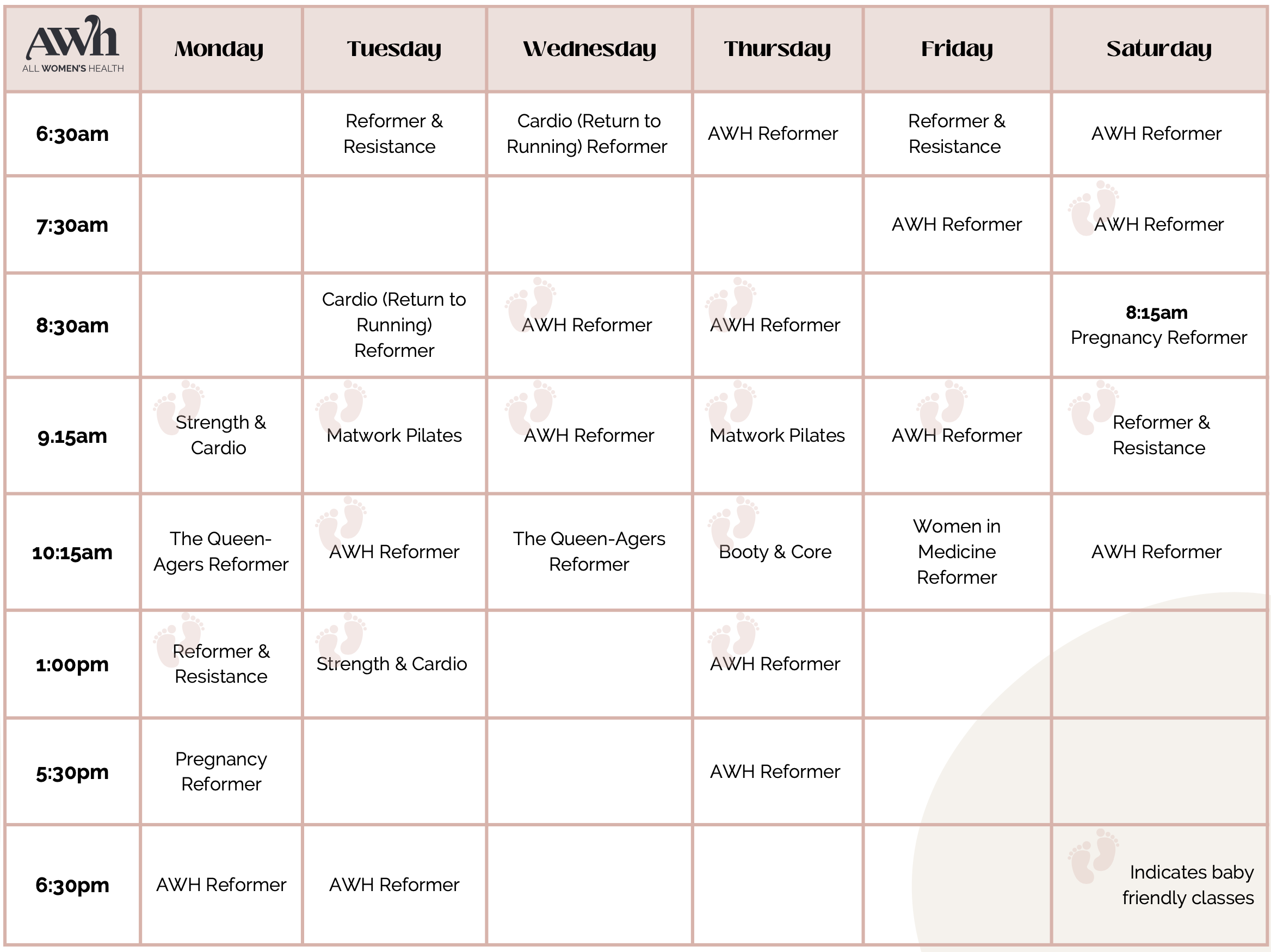 Class Timetable - All Womens Health